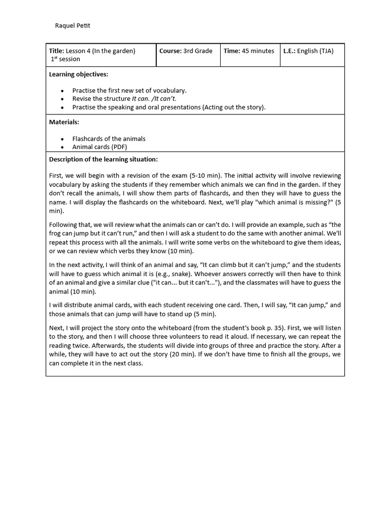 Lesson Plan 1st Session Raquel | PDF