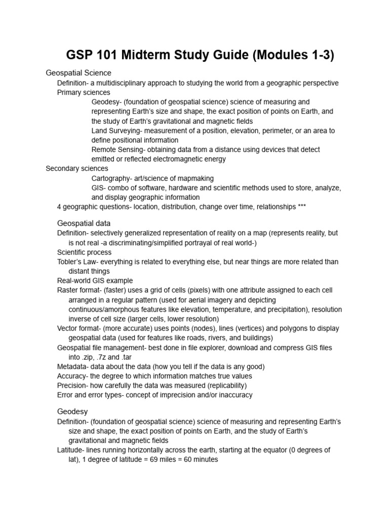 GSP Midterm 1 Study Guide | PDF | Latitude | Geographic Information System
