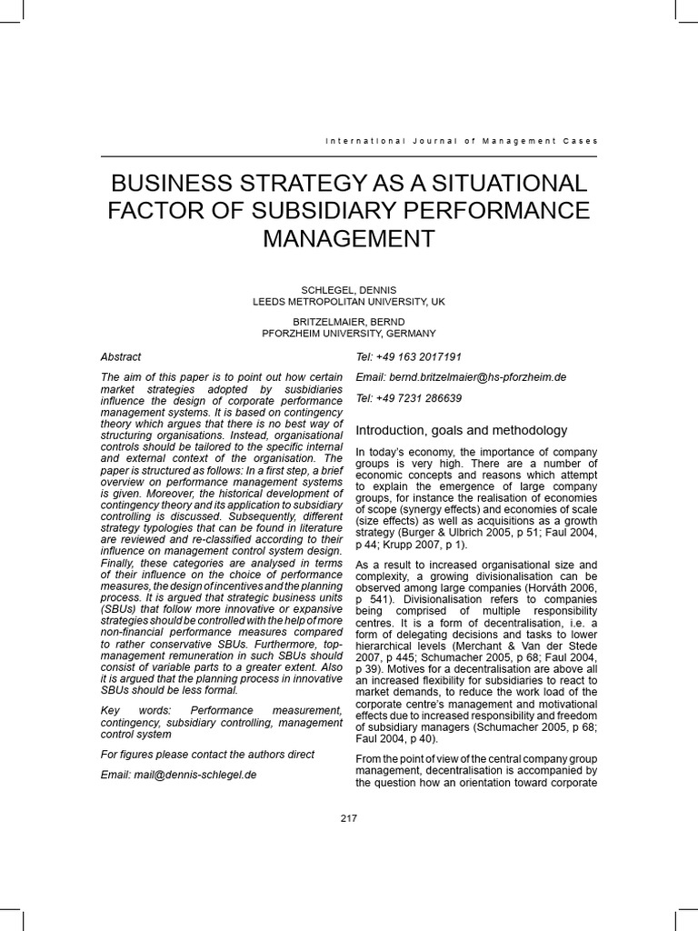 Business Strategy As A Situational Factor of Subsidiary Performance Management | PDF ...