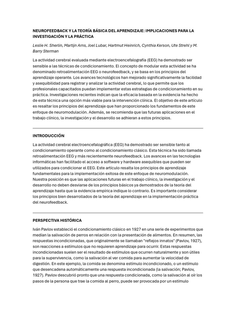 Sherlin NEUROFEEDBACK Y LA TEORÍA BÁSICA DEL APRENDIZAJE | PDF ...