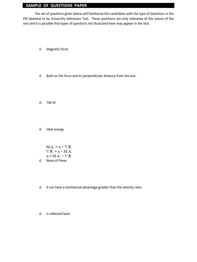 Sample of Question Paper | PDF | Force | Electromagnetic Spectrum