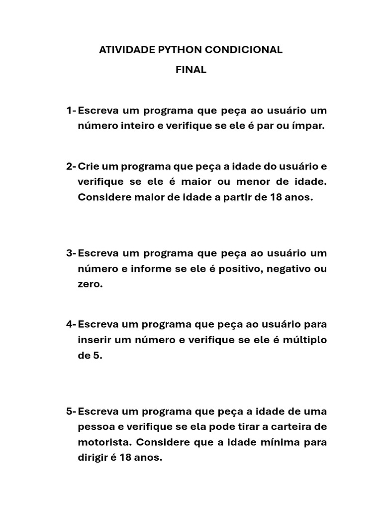 Atividade Python Condicional Final | PDF