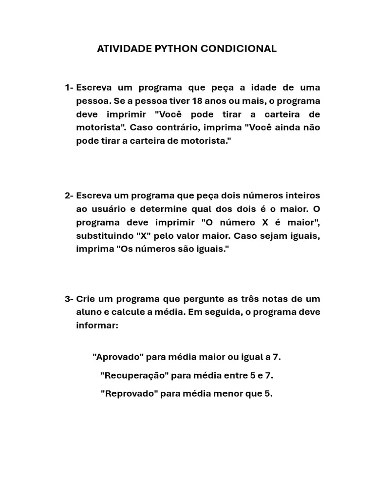 Atividade Python Condicional | PDF | Números | Aritmética