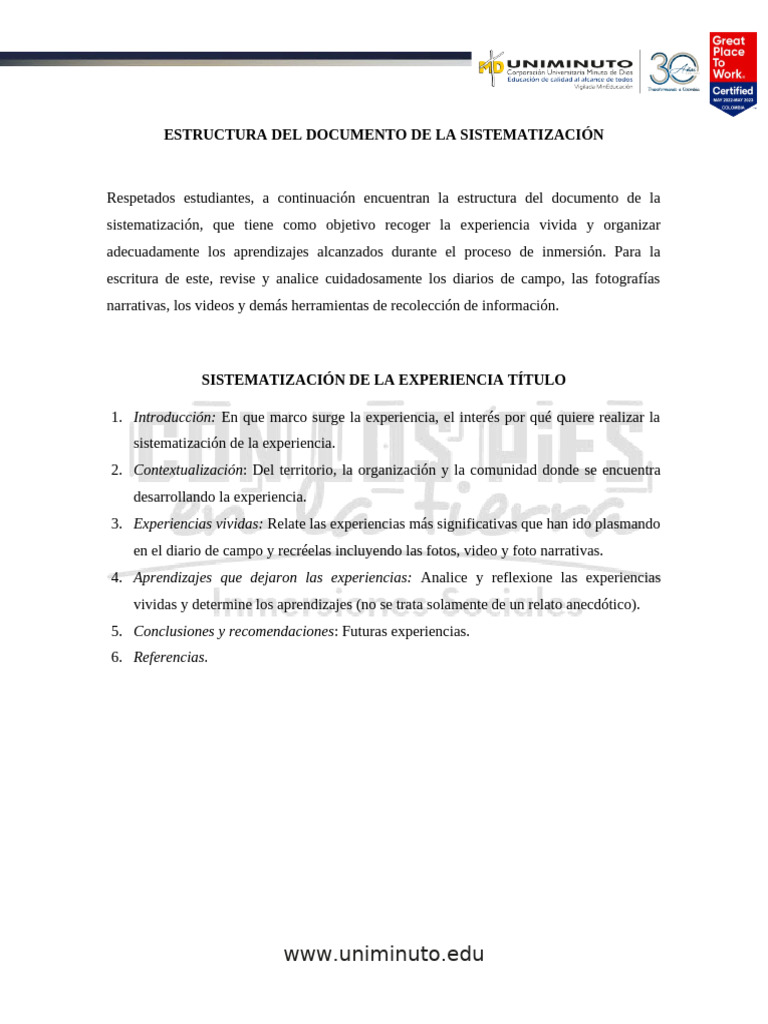Estructura Del Documento de La Sistematización | PDF