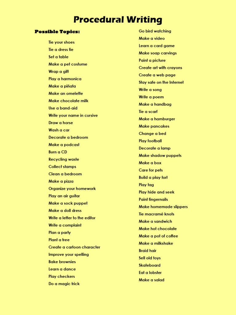Procedural Writing Possible Topics | PDF
