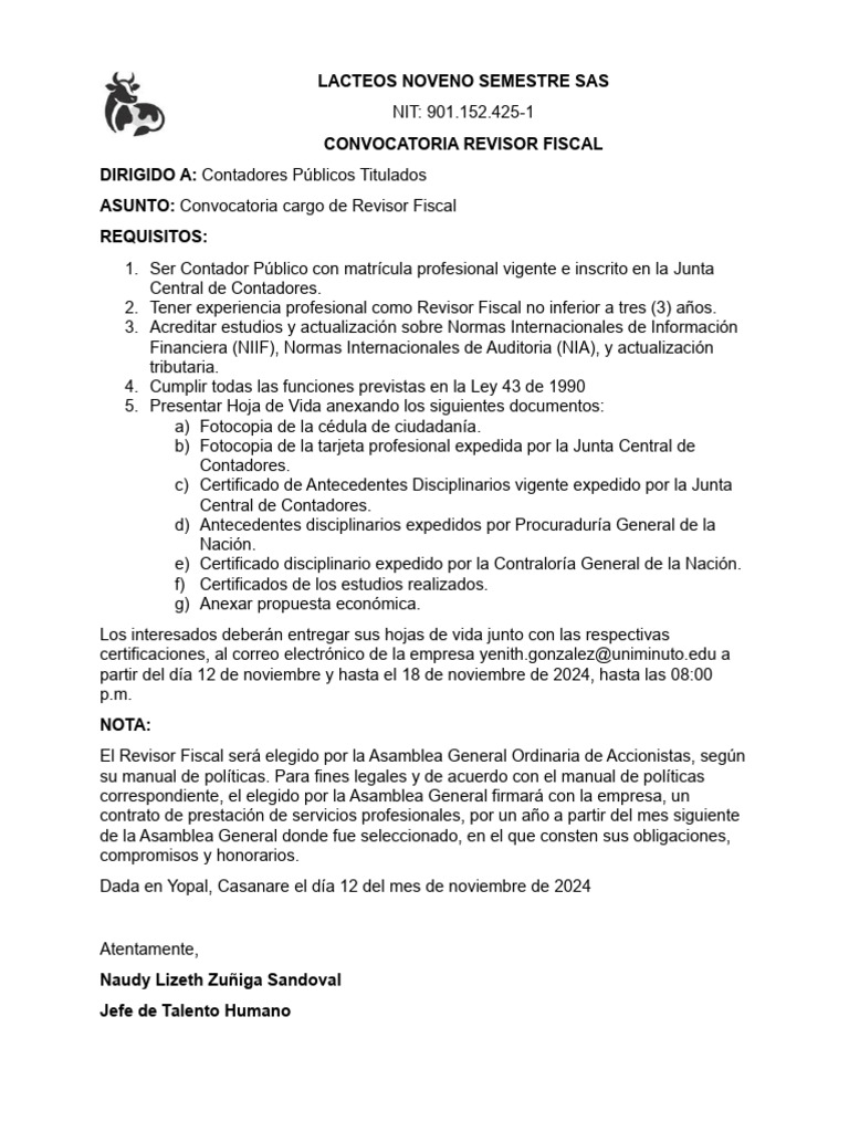 Convocatoria Revisor Fiscal 2024 | PDF