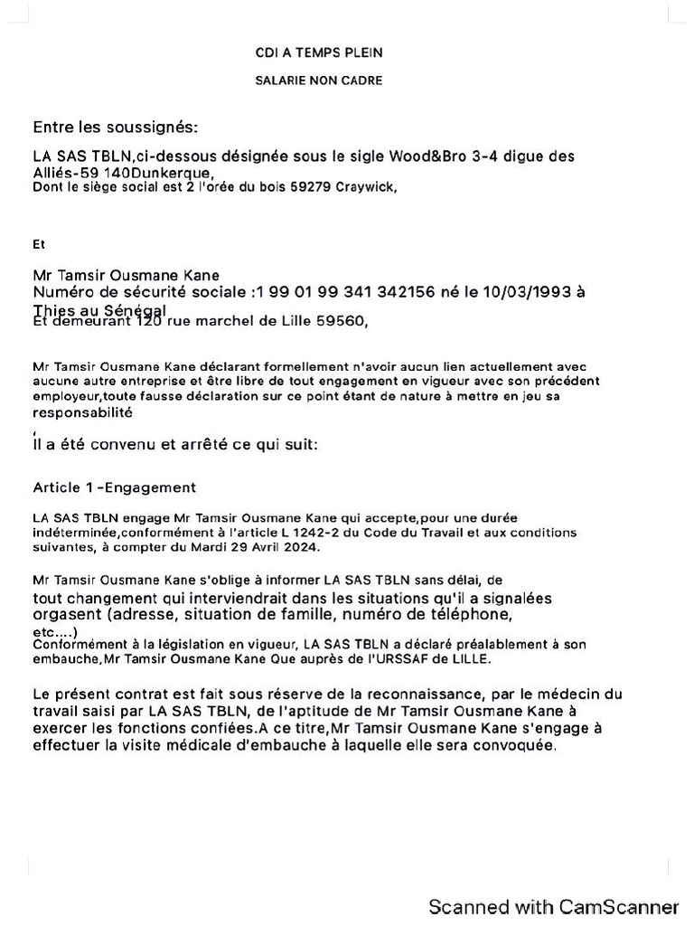 Contrat de Travail MR Kane Tamsir Ousman | PDF
