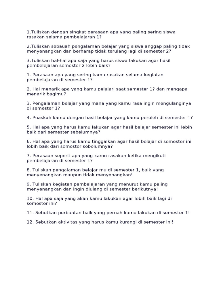 Refleksi Pembelajaran Semester 1 Siswa | PDF | Karier & Perkembangan ...