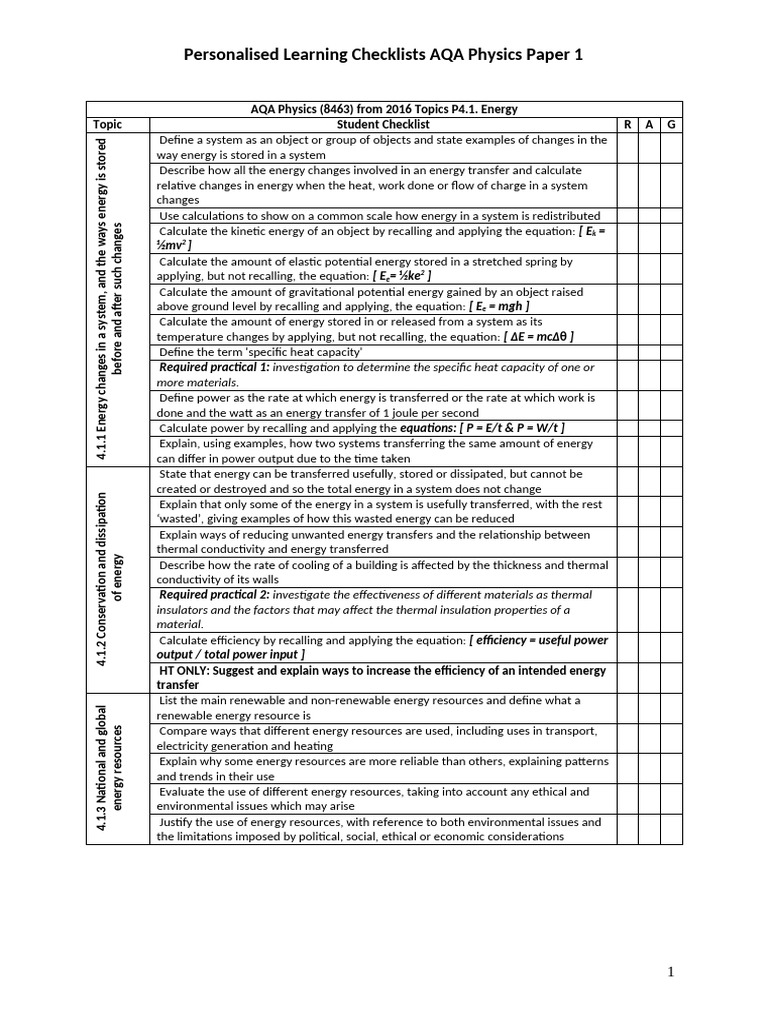 AQA Physics Paper 1 Learning Checklist | PDF | Radioactive Decay | Gases