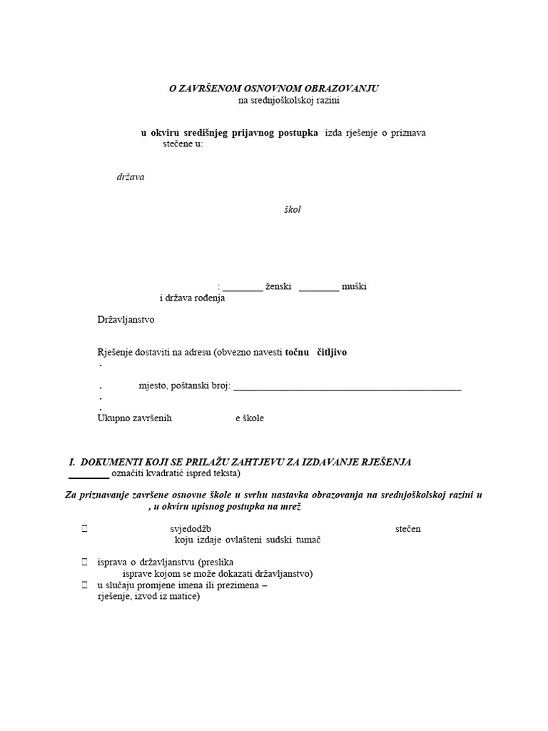 Zahtjev Za Priznavanje Inozemne Obrazovne Kvalifikacije U Svrhu Nastavka Obrazovanja Na ...