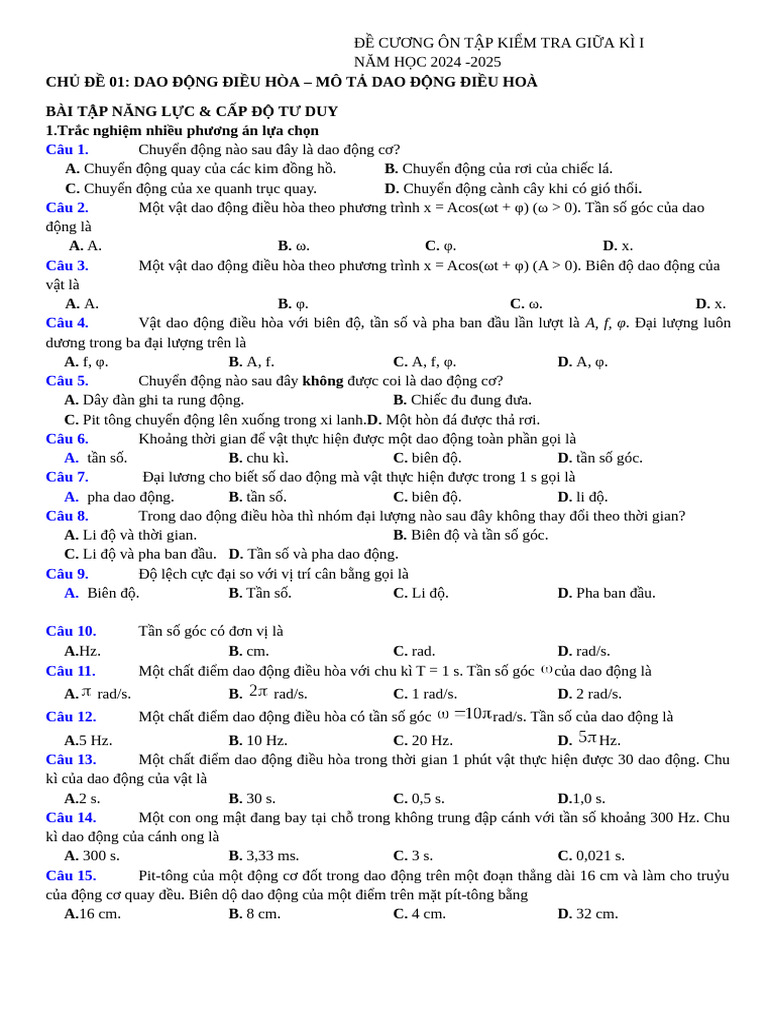 De Cuong On Tap Kiem Tra Giua Ki 1 Ly 11 | PDF