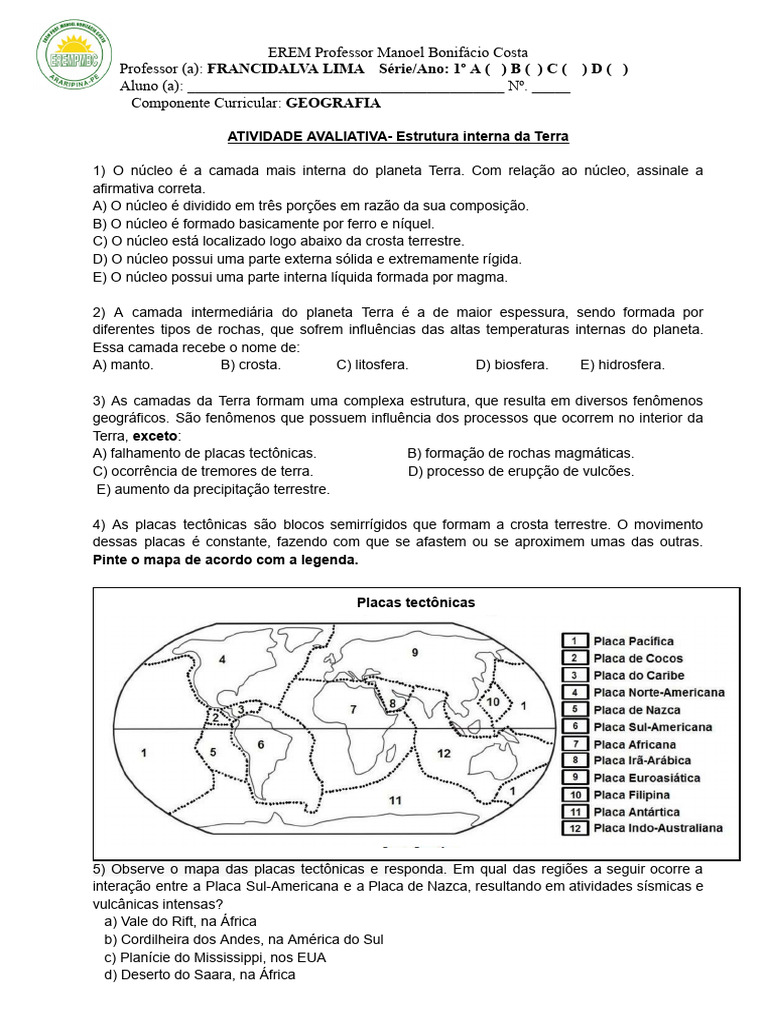 Atividade 1 º Ano 3 Bimestre Placas Tectonicas | PDF | Ciências Sociais | Ciências e Matemática