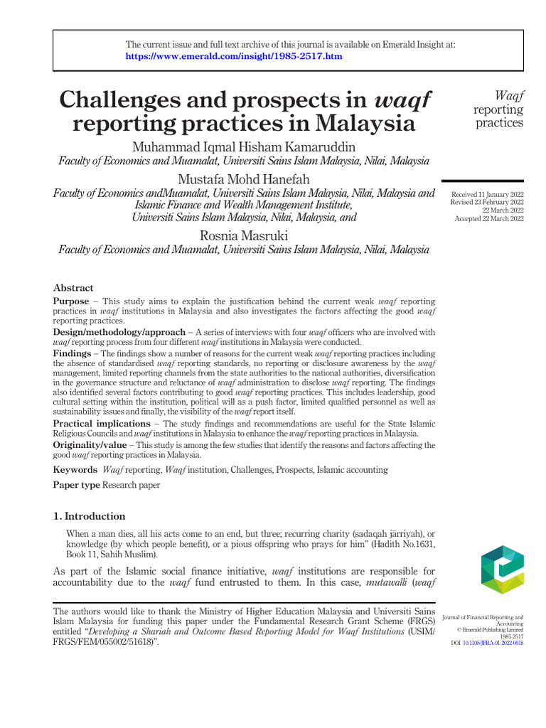 Challenges and Prospects in Waqf Reporting Practices in Malaysia | PDF