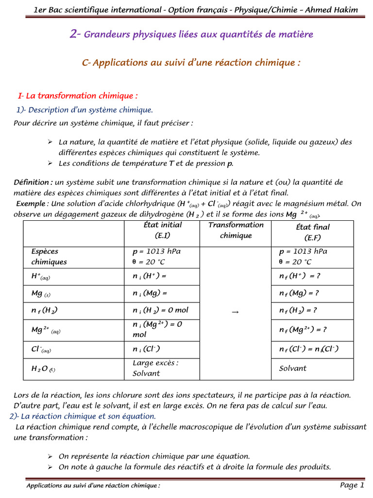 Cours Suivi Dune Transformation Chimique 1bac Biof Sciences ...