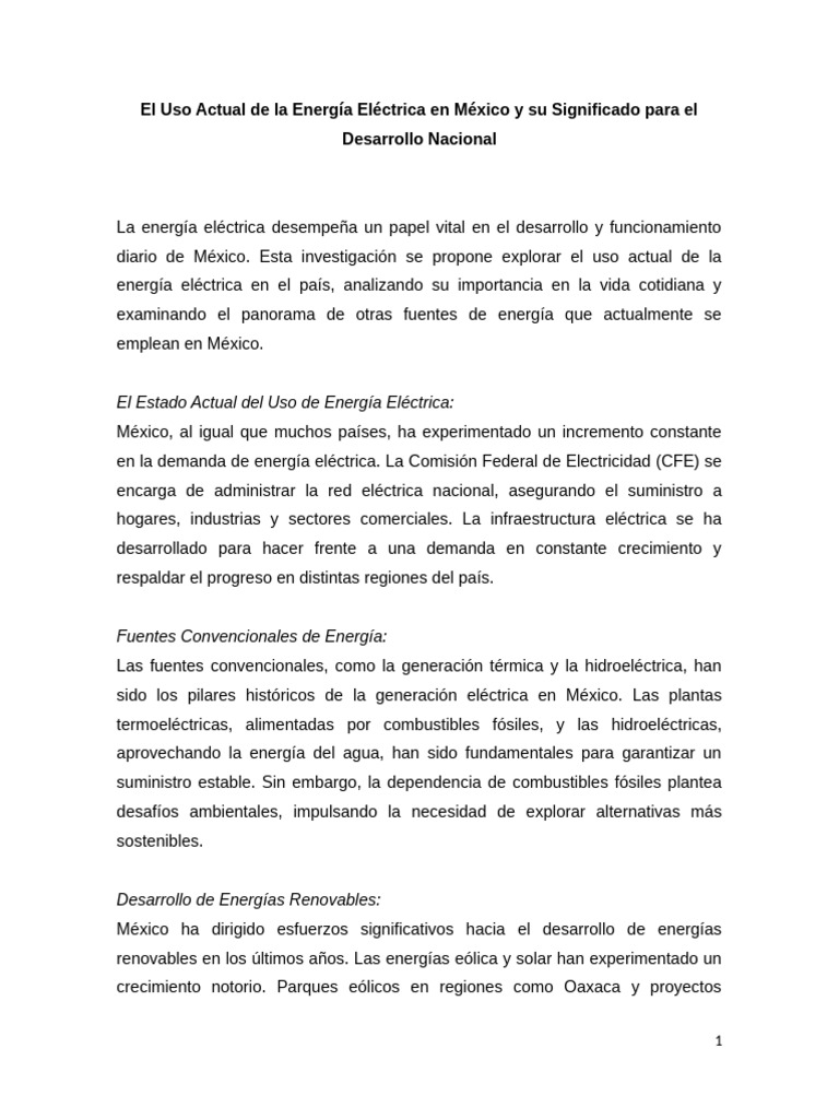 El Uso Actual de La Energía Eléctrica en México y Su Significado para ...