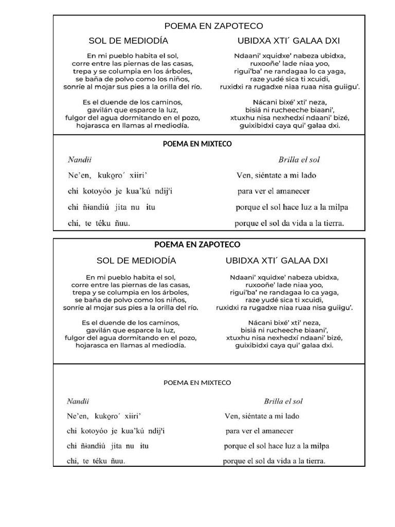 Poema en Zapoteco y Mixteco | PDF
