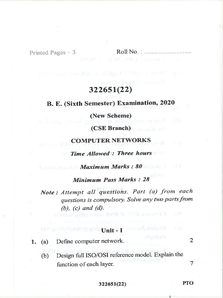 Be Cse 6 Sem Computer Networks 322651 2020 | PDF