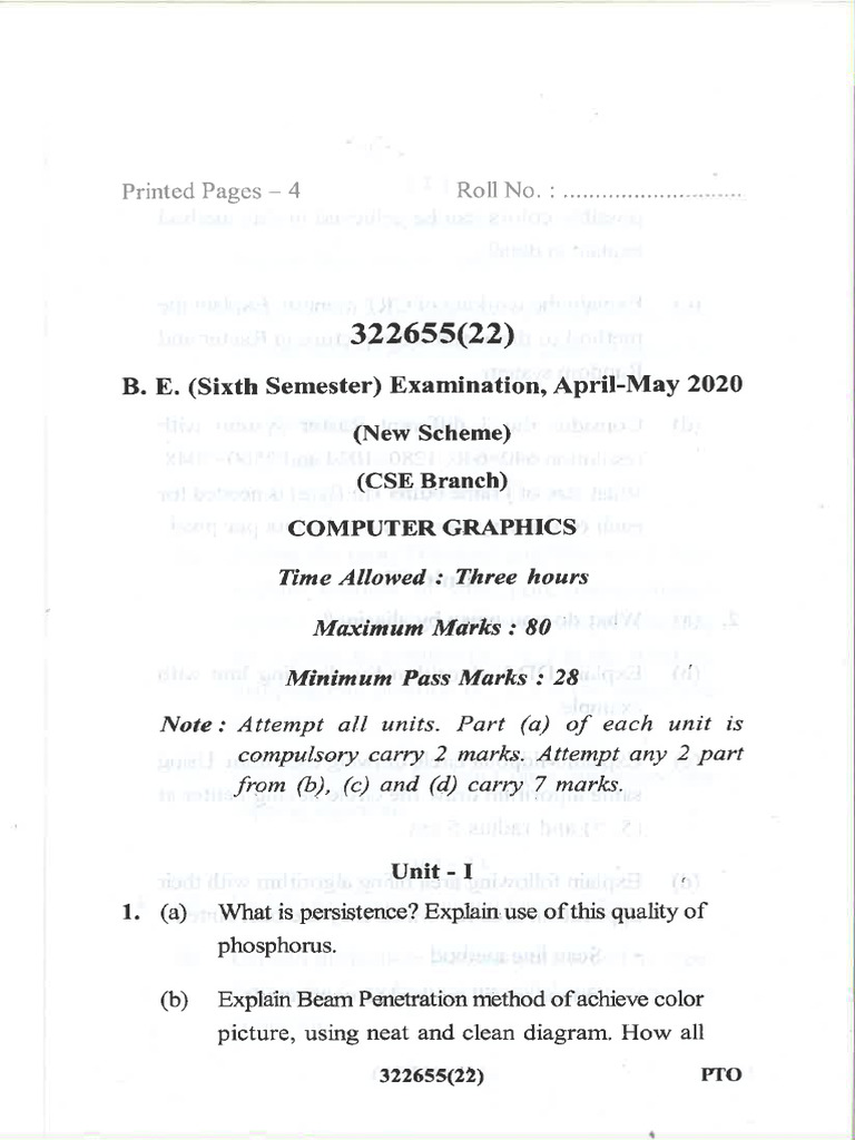 Be Cse 6 Sem Computer Graphics 322655 May 2020 | PDF