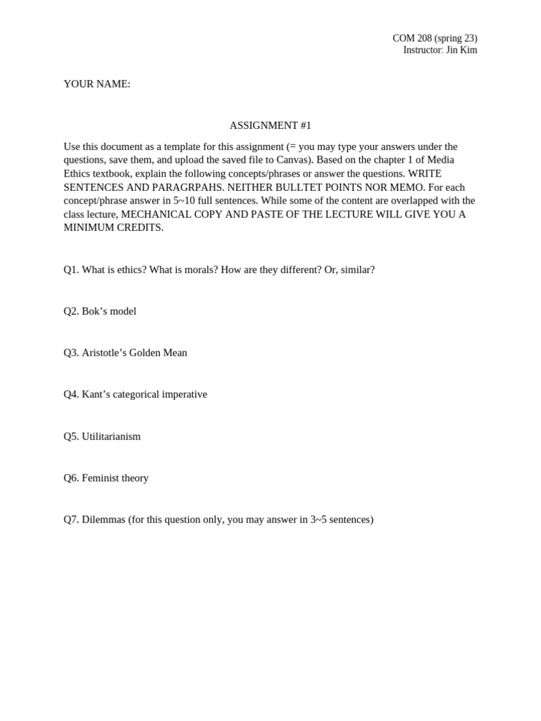 (Assignment) COM 208. Assignment #1. Ch. 1 Note. s23 | PDF
