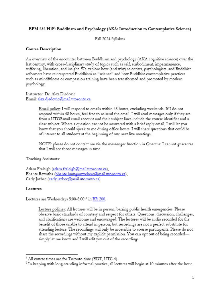 BPM 232: Buddhism and Psychology Syllabus | PDF | Academic Dishonesty