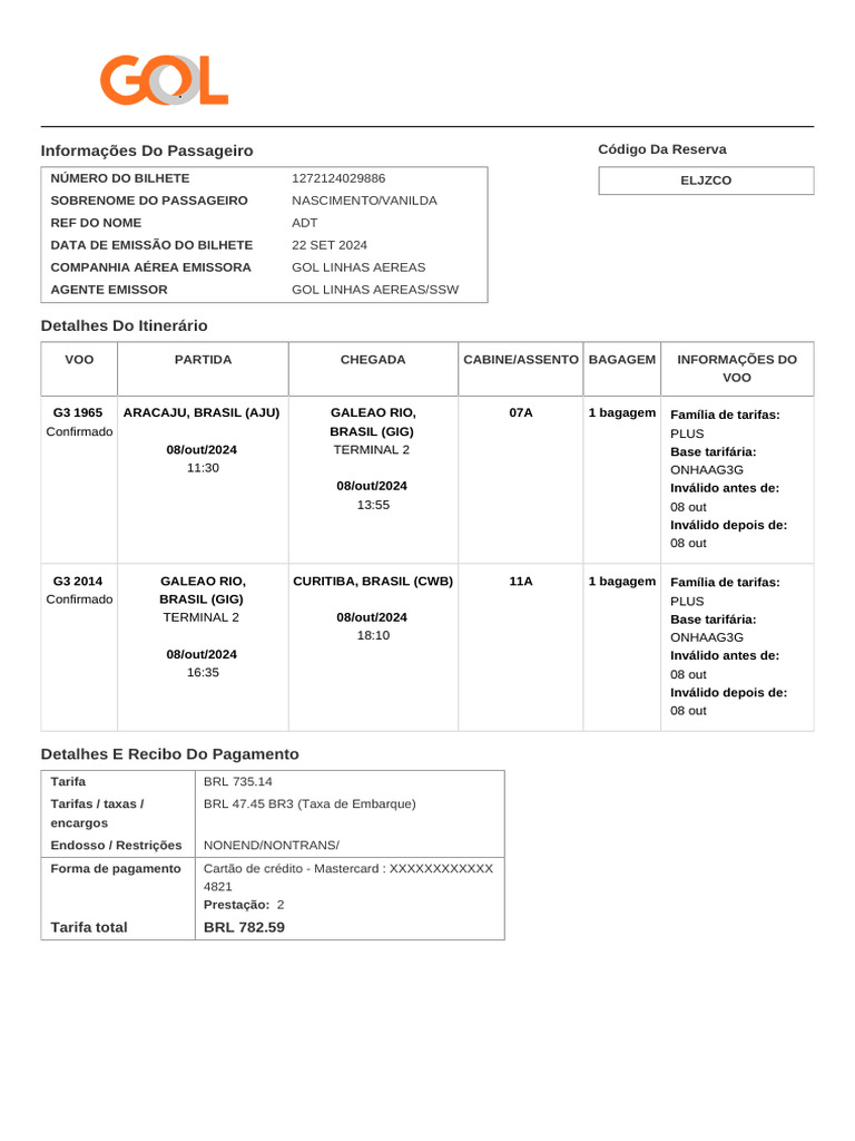 Recibo Do Bilhete Eletrônico, 08 Outubro para VANILDA NASCIMENTO | PDF | Cartão de crédito