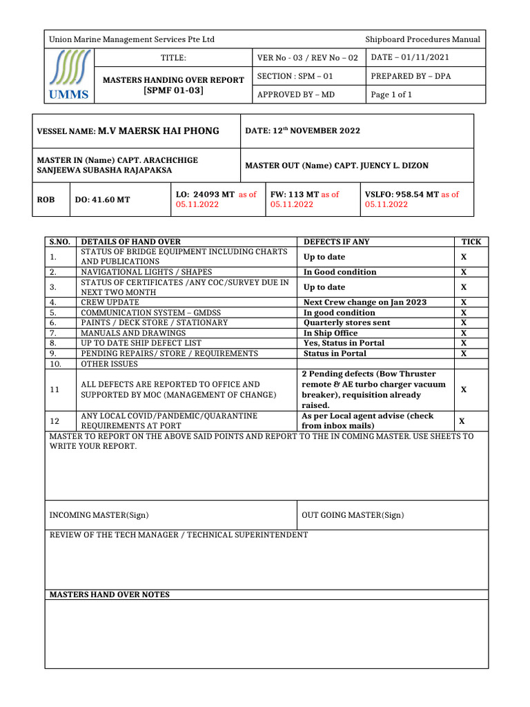 Master Handover Report for M.V. Maersk Hai Phong | PDF | Crane (Machine ...