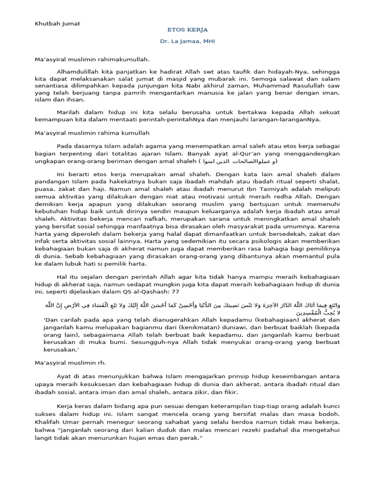 Khutbah Jumat - Etos Kerja | PDF | Gaya Hidup