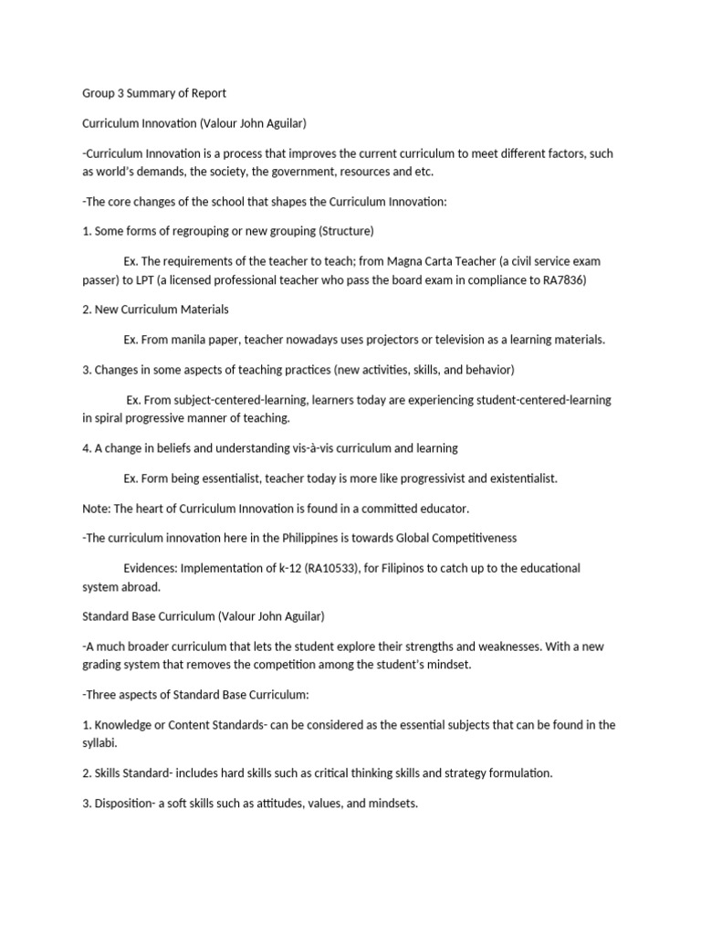 Group 3 Summary of Report | PDF | Learning | Curriculum