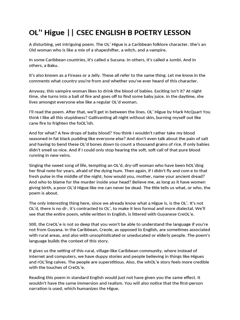 Ol' Higue - CSEC ENGLISH B POETRY LESSON | PDF | Sausage | Superstitions