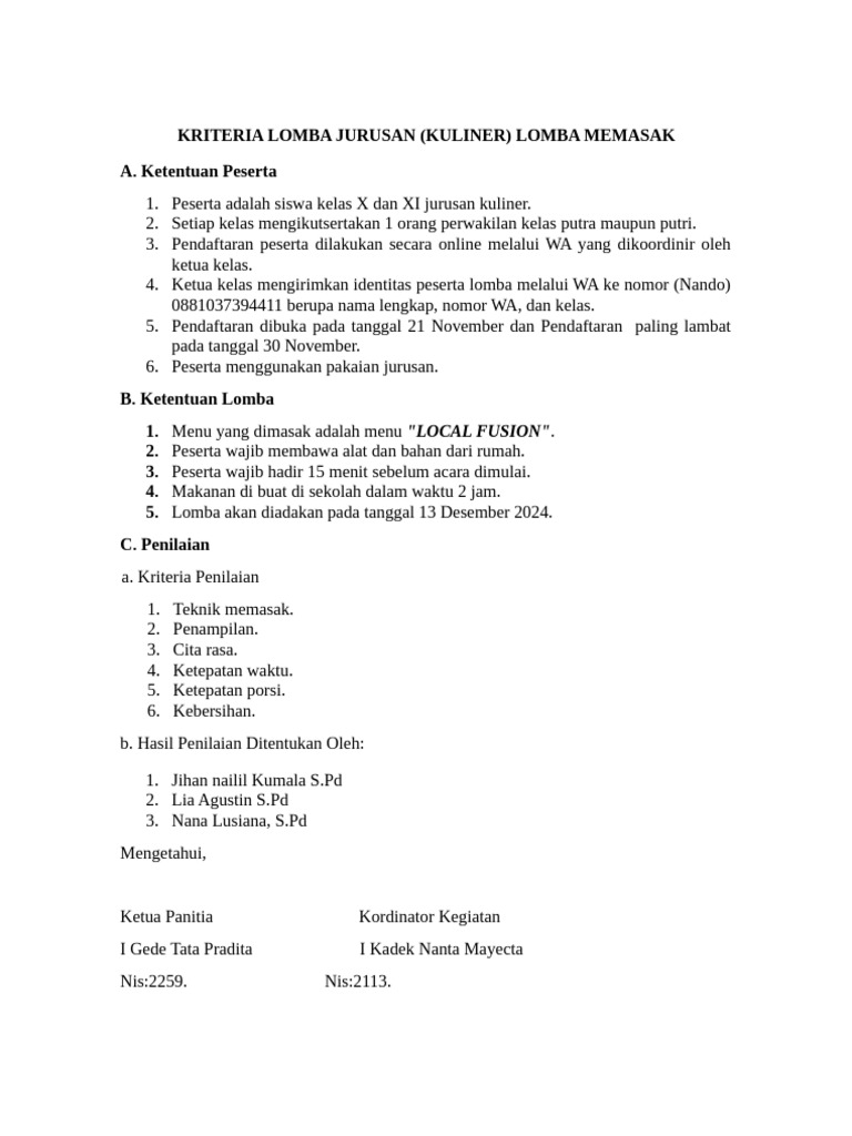 Kriteria Lomba Memasak 2024 | PDF