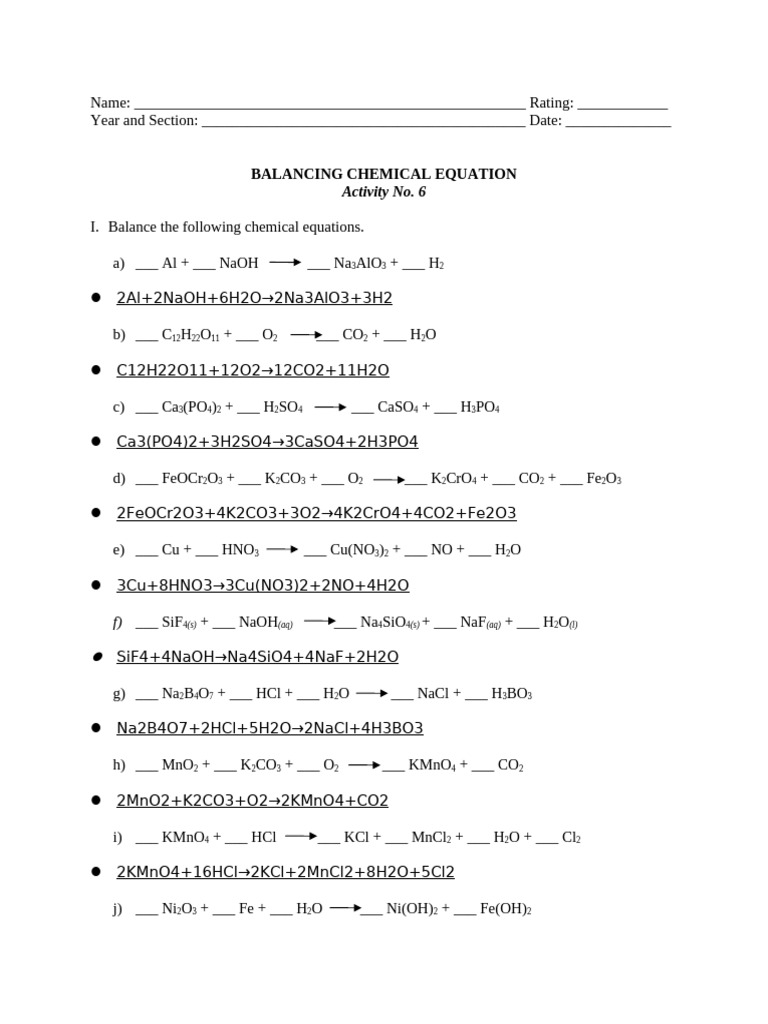 Balancing Chemical Equation Activity | PDF | Oxide | Hydroxide