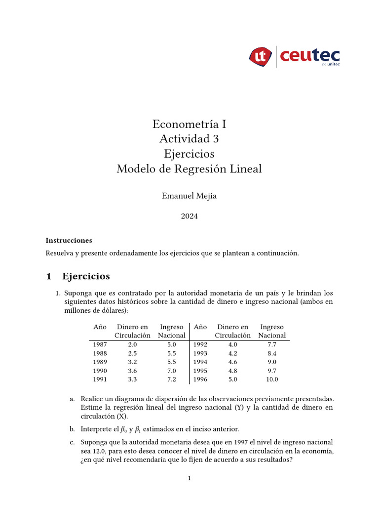 Econometría I Actividad 3 Ejercicios Modelo de Regresión Lineal | PDF | Análisis de regresión ...