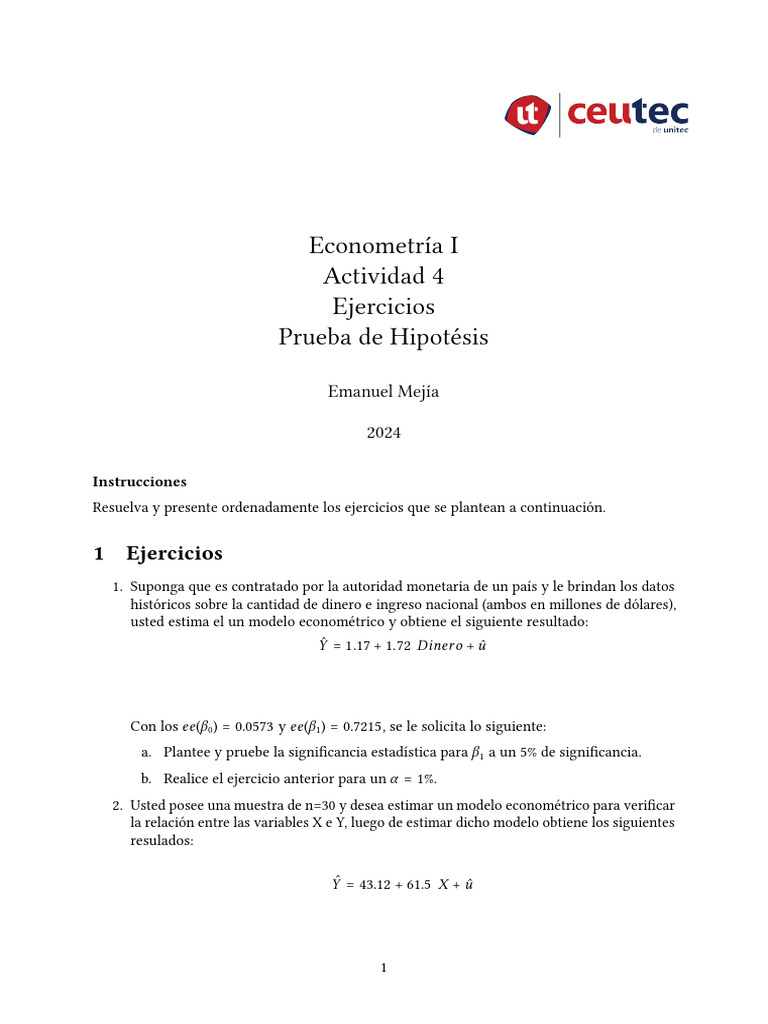 Econometría I Actividad 4 Ejercicios Prueba de Hipotésis | PDF