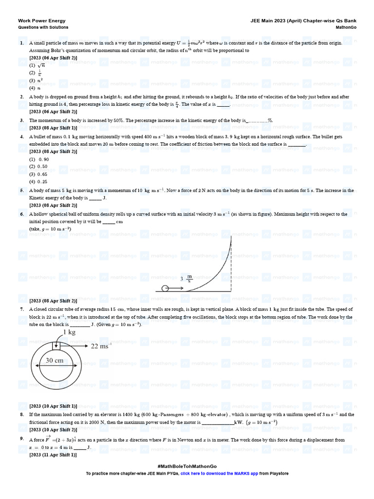 JEE Main 2023: Work, Power, Energy Solutions | PDF | Kinetic Energy | Force