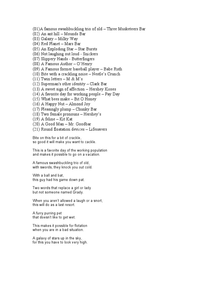Candy Bar Riddles | PDF | Chocolate Industry | Candy