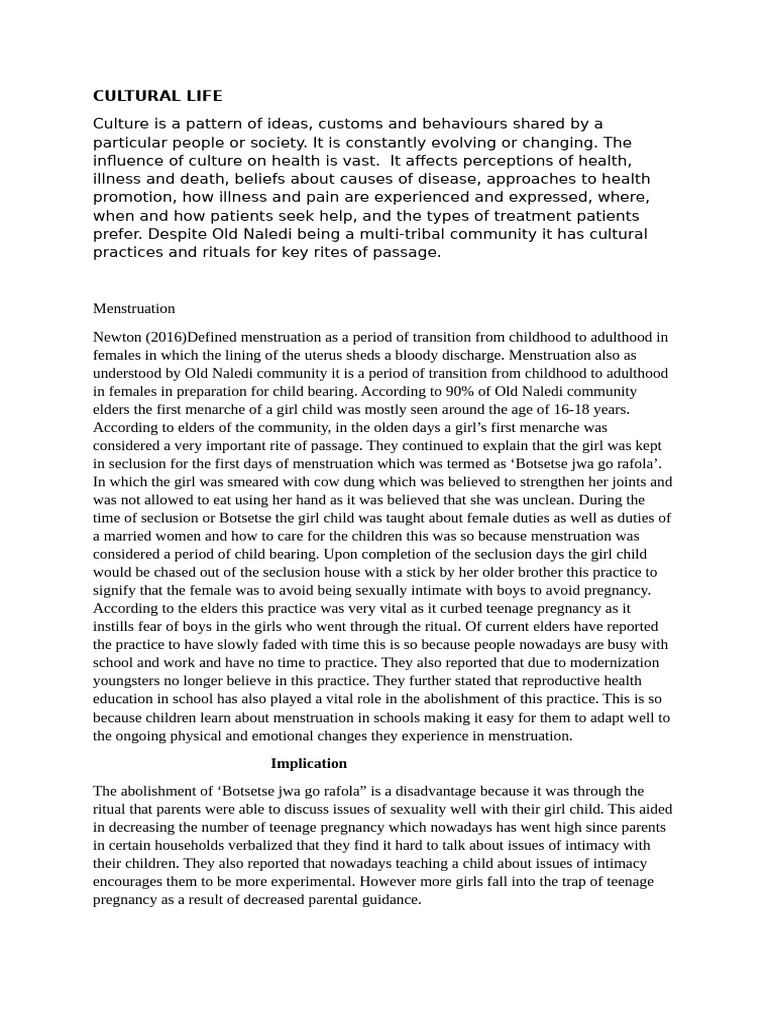 Cultural Practices in Old Naledi Community | PDF | Breastfeeding ...