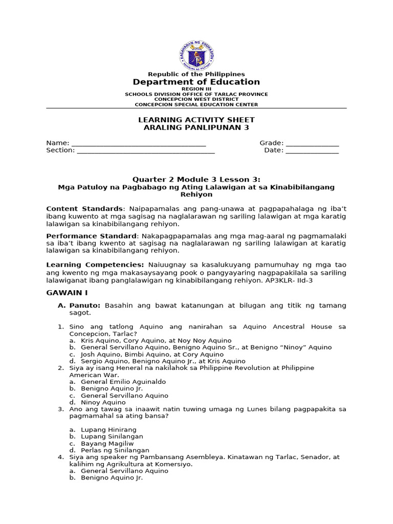 Department of Education: Learning Activity Sheet Araling Panlipunan 3 | PDF