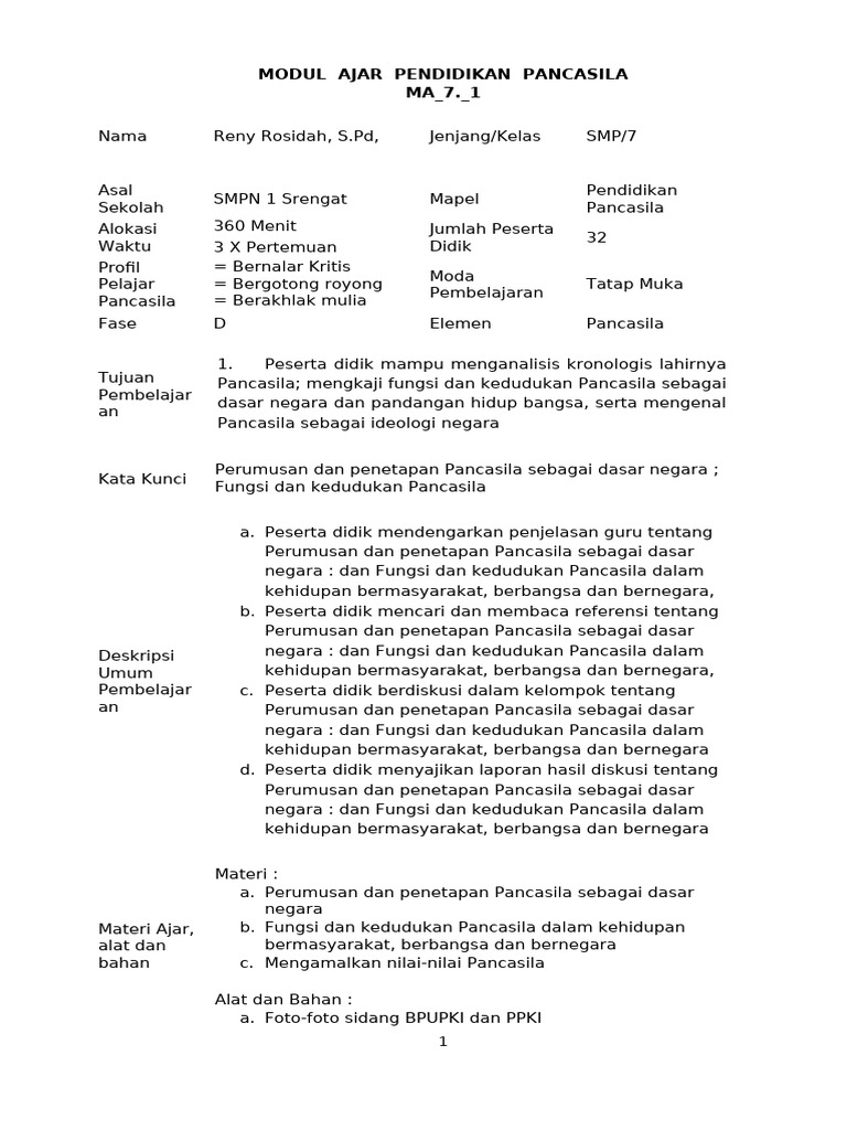 PKN - Modul Ajar - 7 - 1 Semester 1 | PDF | Karier & Perkembangan