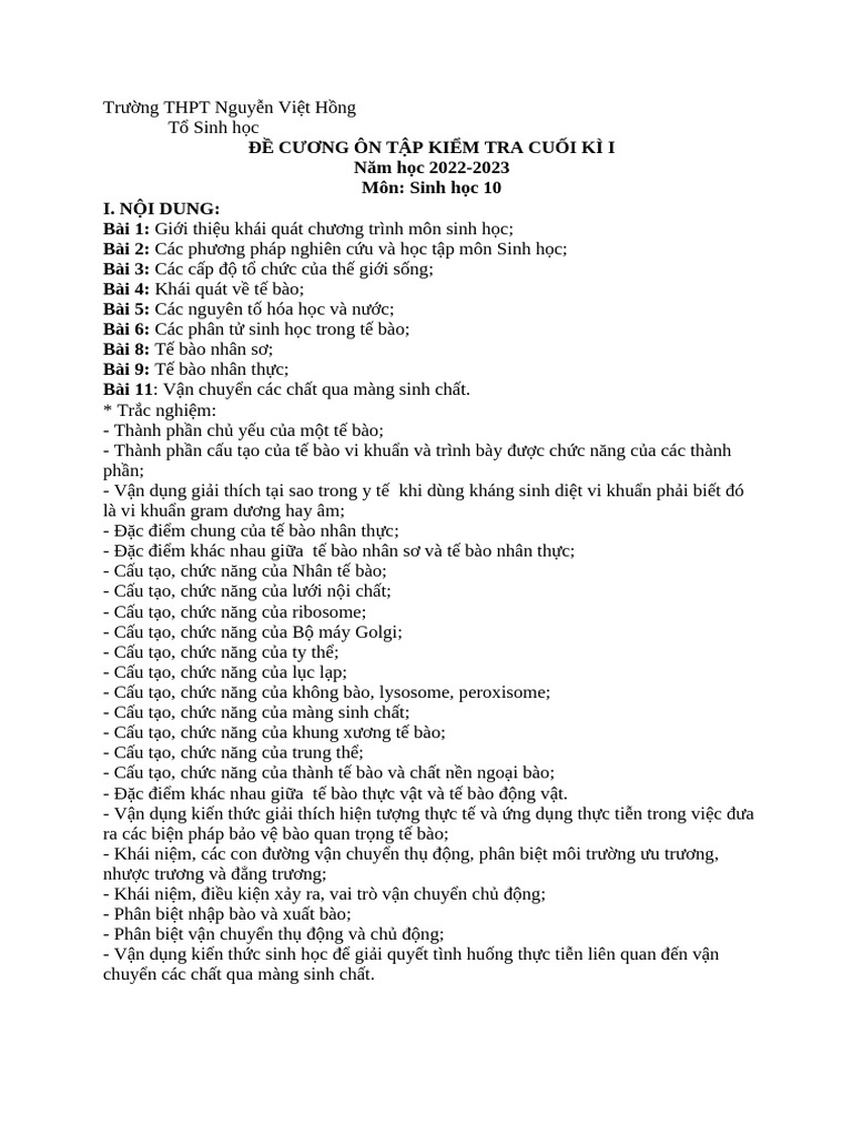 De Cuong Sinh 10 Cuoi hk1 | PDF