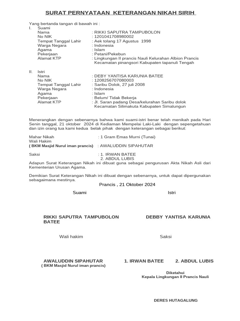 Surat Pernyataan Keterangan Nikah Sirih | PDF