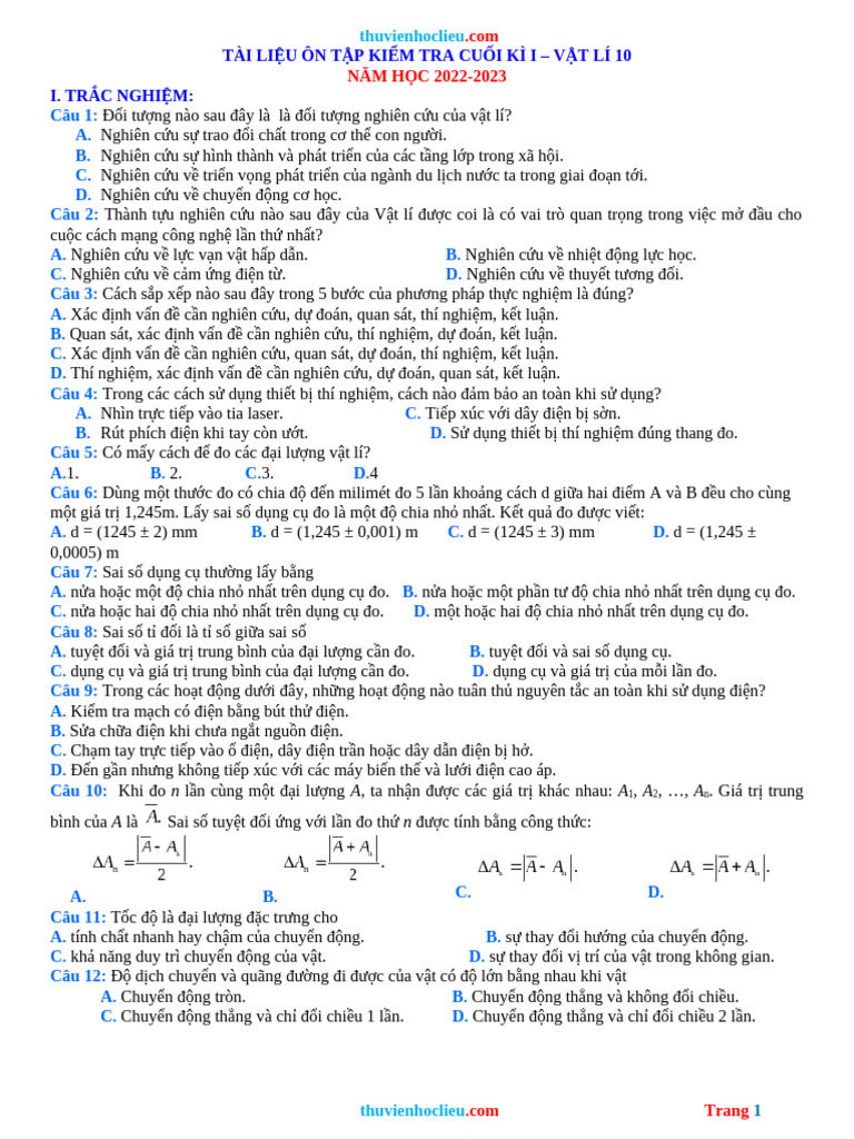 Tai Lieu On Tap Vat Li 10 HK1 Nam 22 23 | PDF