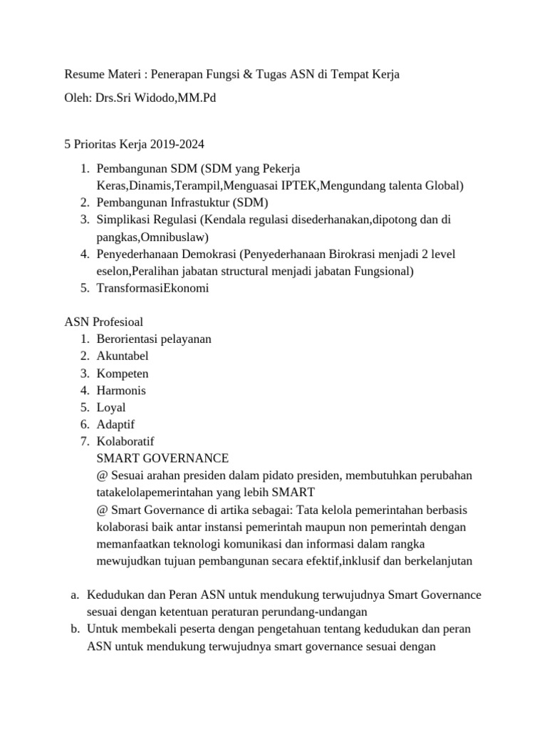 Resume Materi - Penerapan Fungsi ASN & Tugas ASN Di Tempat Kerja - BP Sri Widodo | PDF | Karier ...
