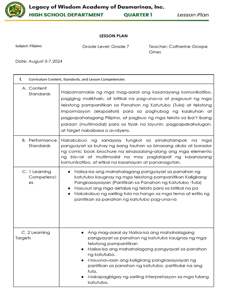 Week 1-LP No.1-Filipino7 | PDF