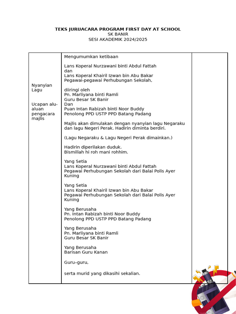 Teks Juruacara Majlis First Day at School | PDF