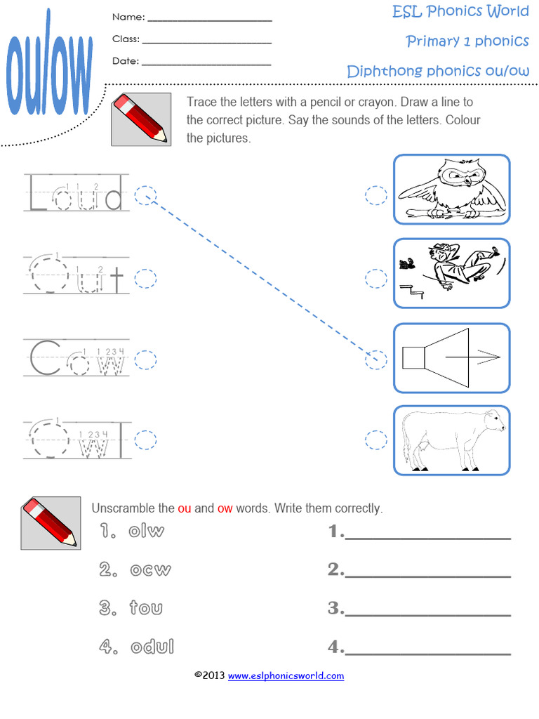 Diphthong Phonics-Ou-Ow Worksheet 15 | PDF