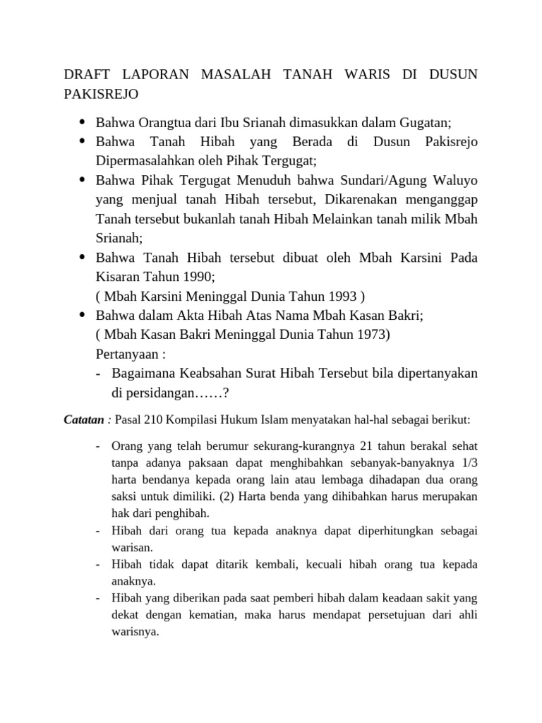 Draft Laporan Masalah Tanah Waris Di Dusun Pakisrejo | PDF