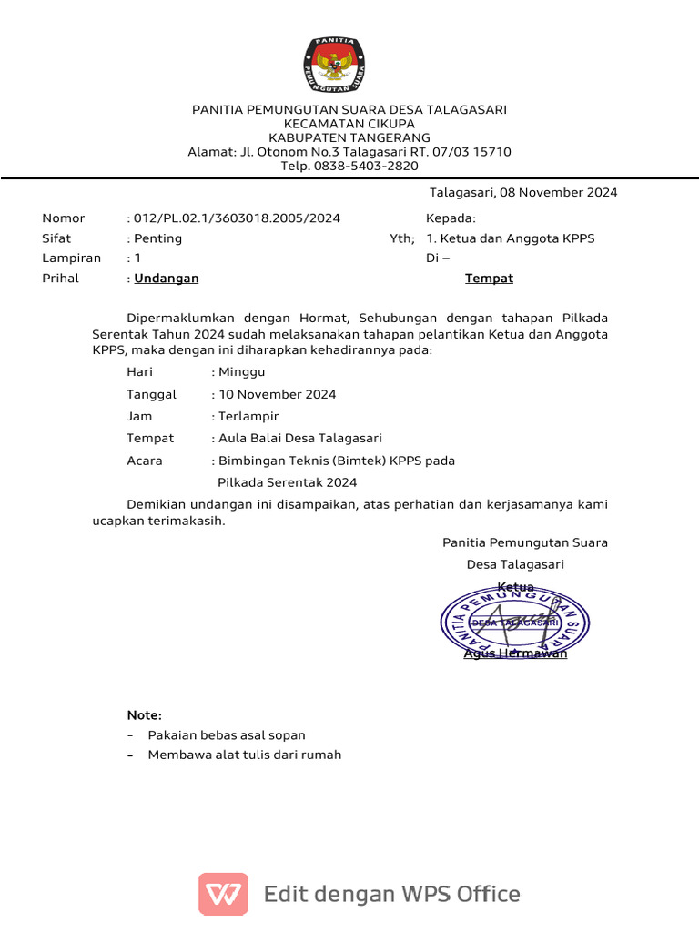 Undangan Bimtek KPPS Pilkada 2024 | PDF