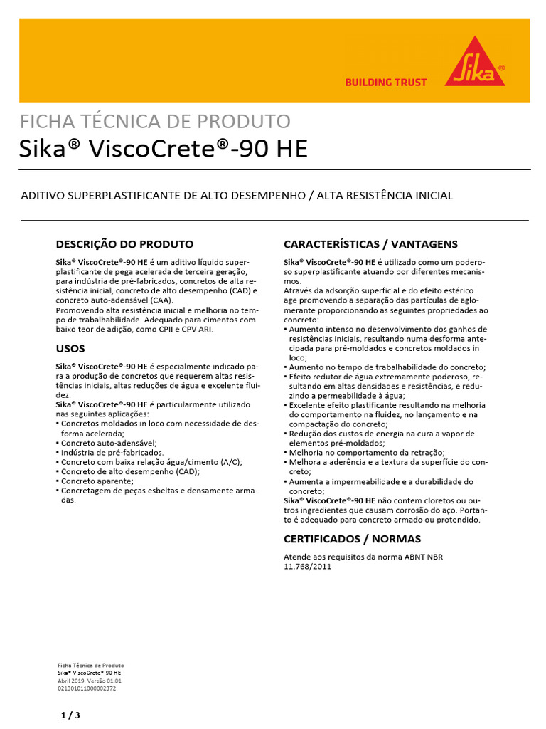 Sika ViscoCrete 90 HE-2016-01-12 | PDF | Concreto | Cimento