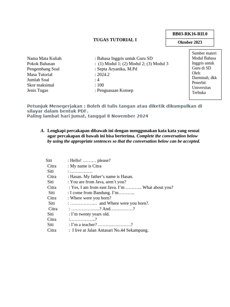 Tugas Tutorial Bahasa Inggris Utk SD | PDF