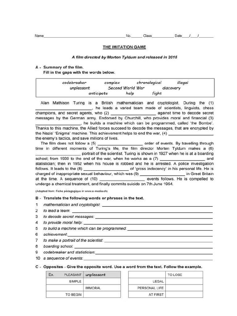 The Imitation Game EXERCISES | PDF
